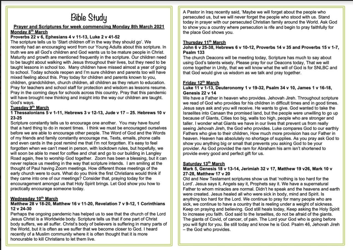 WEEKLY READINGS – Surbiton New Life Baptist Church